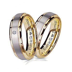 Personalized Two Tone Brushed Silver & Gold Ring Set Custom Engraved Free - Couple's Ring Set - Wedding Band Set - Ships From USA