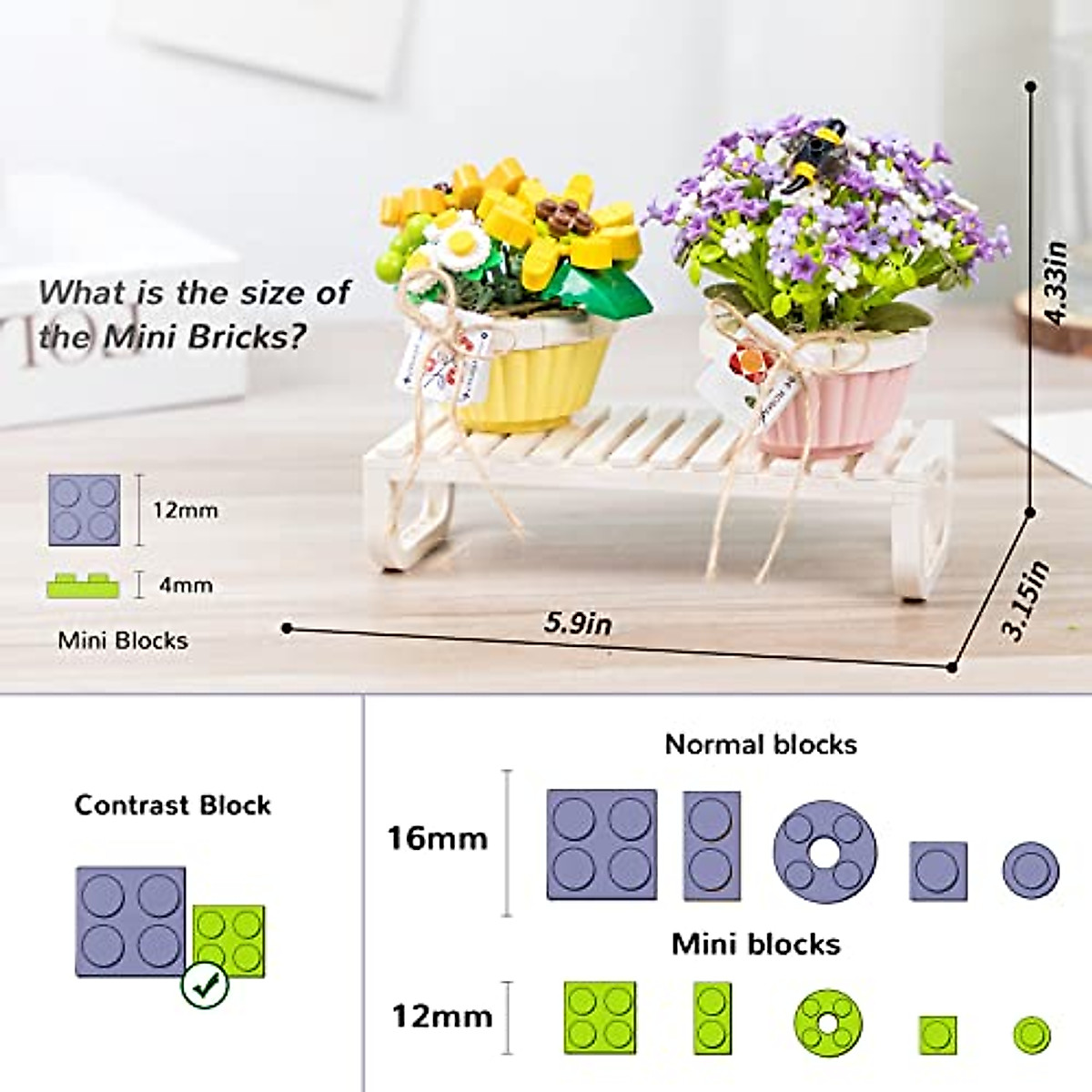 QLT Mini Bricks Flower Mini Sunflower Bonsai Tree Building Block Set 2PCS Botanical Collection Construction Building Toy, Creative Gift for Her Girls Women Adults 6+（Not Compatible with Lego Set ）