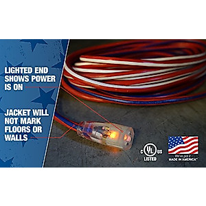 Southwire 2549SWUSA1 100-Feet; Contractor Grade; 12/3 Extension Cord; With Lighted End; Red White And Blue; American Made Extension Cord; Indoor and Outdoor Use; Water Resistant Flexible Jacket