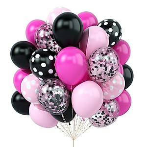 Black Pink Balloons, 60 Pack 12Inch Hot Pink Black White Party Balloons with Polka Dot balloon Confetti Balloons, Black Pink Latex Balloons for Girls Mouse Theme Birthday Party Baby Shower Decoration
