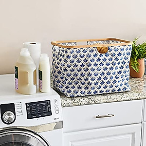 Household Essentials Bamboo Rimmed Krush Basket with Cutout Handles, Blue Cacti