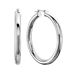 10k White Gold 3mm Shiny Round Tube Hoop Earrings, Diameter 25mm