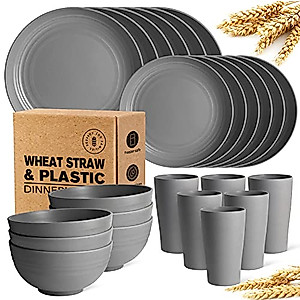 Teivio 24-Piece Kitchen Plastic Wheat Straw Dinnerware Set, Service for 6, Dinner Plates, Dessert Plate, Cereal Bowls, Cups, Unbreakable Plastic Outdoor Camping Dishes, Grey