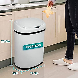 NiamVelo 13 Gallon Kitchen Trash Can Bathroom Trash Can Automatic Sensor Stainless Steel Trash Can Garbage Can with Lid by 4xC Batteries for Kitchen, Bathroom,Rest Room,Office, White