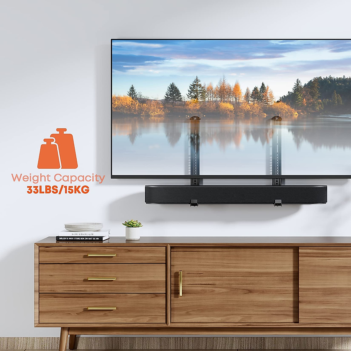 Sound Bar Mount Bracket Under Or Above TV,Soundbar Mount Bracket Extends 3.4"-6.1", Up to 33 Lbs with Non-Slip Base Holder,3 Installation Options,Max VESA 800x400mm