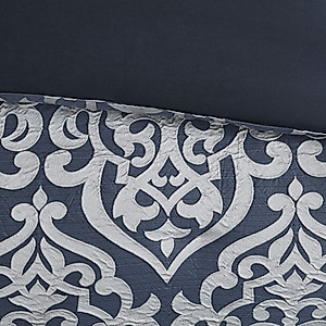 Madison Park Odette Cozy Comforter Set Jacquard Damask Medallion Design - Modern All Season, Down Alternative Bedding, Shams, Decorative Pillows, King(104 in x 92 in), Navy 8 Piece