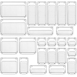 Puroma 24Pcs Drawer Organizer Set 5-size Versatile Vanity and Bathroom Drawer Organizers, Clear Plastic Desk Drawer Organizer Trays and Customize Layout Storage Bins for Makeup Kitchen Office (Clear)