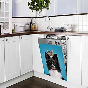 Dishwasher Magnet Sticker Border Collie Dog Portrait with a Hiding cat Behind Magnetic Refrigerator Sticker Appliance Covers Home Kitchen Decor for Fridge Metal Door Garage 23x26in