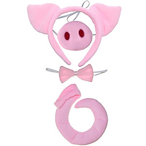 Skeleteen Pig Costume Accessories Set - Fuzzy Pink Pig Ears Headband, Bowtie, Snout and Tail Accessory Kit for Piglet Costumes for Toddlers and Kids