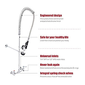 DuraSteel Commercial Kitchen Wall Mount Pre-Rinse Faucet, 38" Height 8" Center with Coiled Spring Pull Down Sprayer, Brass Constructed Polished Chrome Body, 1 Set