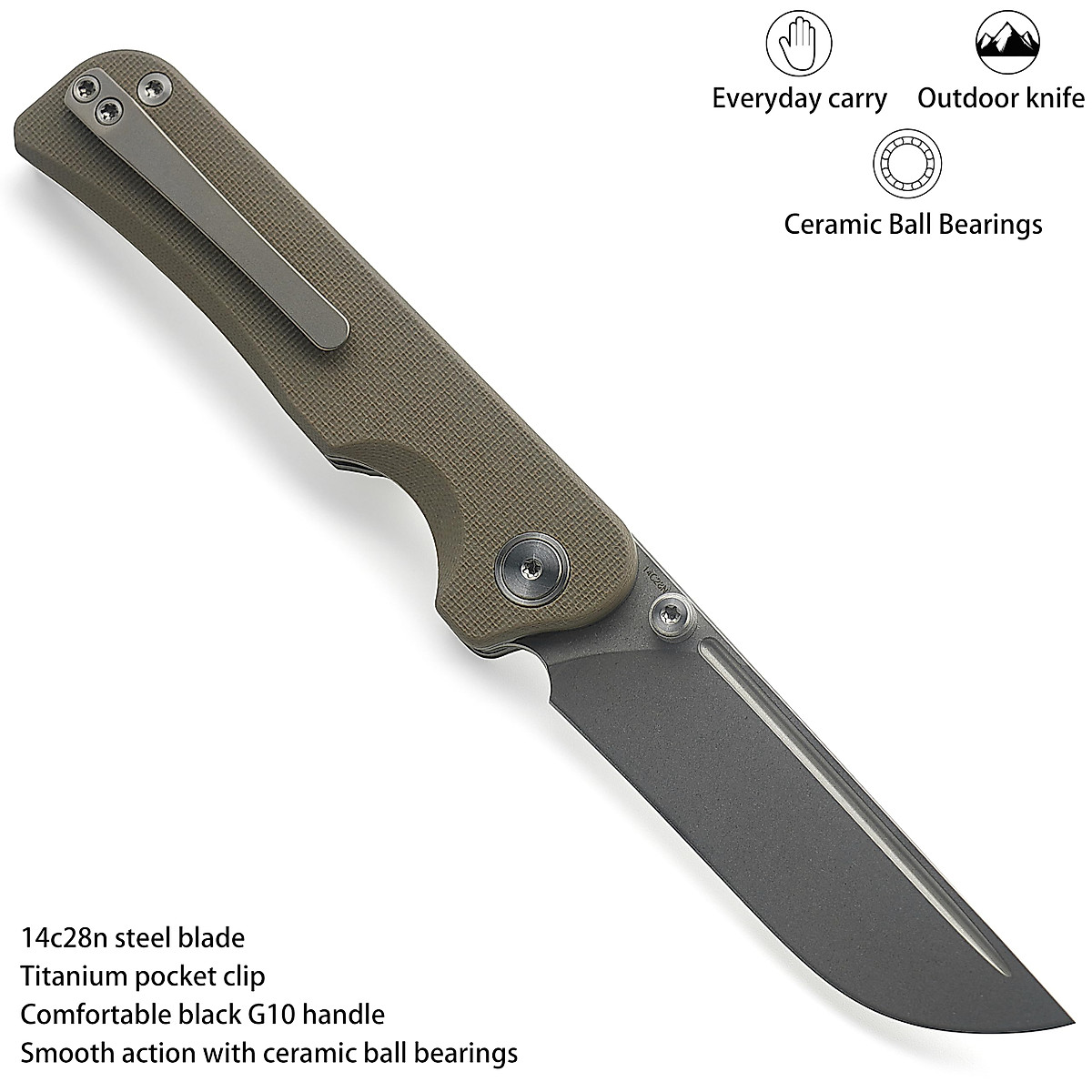 Miguron Knives M Pagos Front Flipper Folding Knife 3.16" Stonewash 14c28n Blade Tan G10 Handle Camping Hiking Pocket Knife MGR-807STN