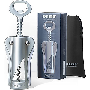 Deiss LUX Wine Opener, All-Metal Wing Corkscrew Wine Bottle Opener with Built-in Beer Bottle Opener - Ergonomic Cork Screw Wine Corker, Silver Matte Coating, Velvet Storage Pouch (SILVER)