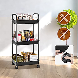 WASJOYE 3-Tier Plastic Rolling Utility Cart with Handle, Black Home Kitchen Office Storage Trolley Cart with Wheels (14 * 8.9 * 33.5 Inch)