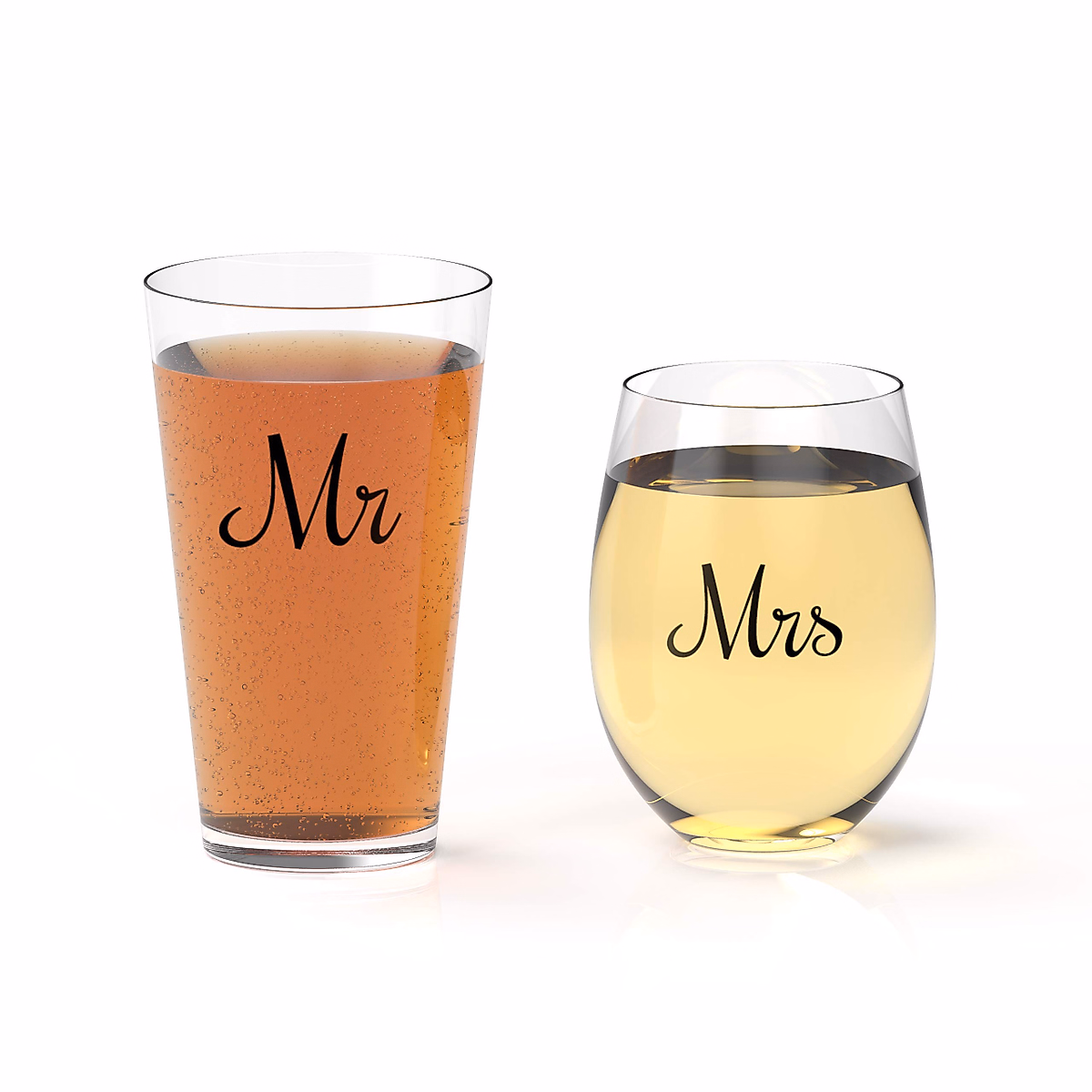 Mr Mrs Beer and Wine Glass Set and Bottle Opener, Funny Beer and Wine Glass set of 2, Funny Gift for Couples, Engagement Gift Idea for Couples, Wedding Gift, Anniversary Beer Wine Glasses for Couples