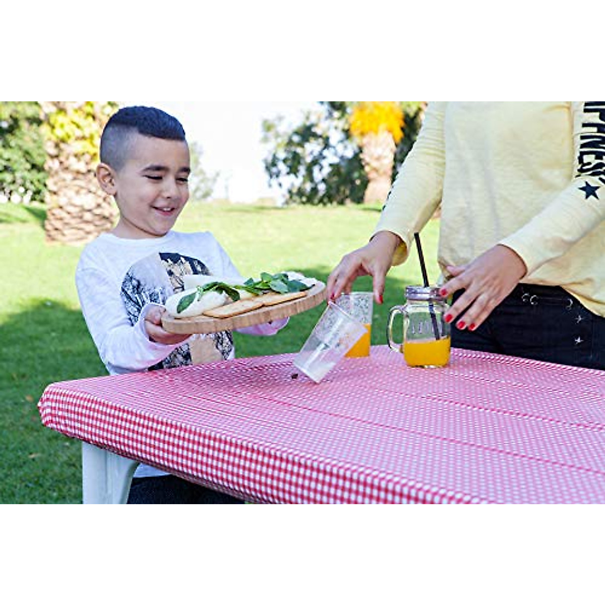 TopTableCloth Table Cover Red & White Checkered tablecloths Elastic Corner Fitted Rectangular Folding Table 6 Foot 30" x 72" Table Cloth Waterproof Vinyl Flannel Plastic Tablecloth for Camping Picnic