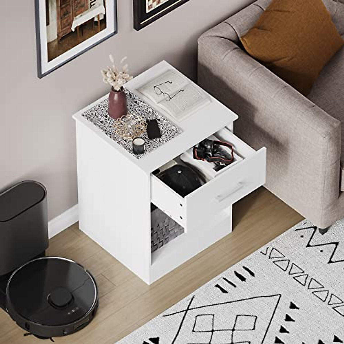 Reettic Wooden Nightstand Set of 2, End Table with Sliding Drawer and Opening Shelf, Sofa Side Table for Bedroom, White RCTG101W02