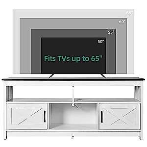 YITAHOME Farmhouse TV Stand for 65 inch with Power Outlet, Mid Century Modern Wood TV Table Media Console with Storage Cabinet and Open Shelves for Living Room, Bedroom, Black/White