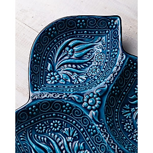 Lemose Leaf Shaped Decorative Ceramic Appetizer Plate - 3 Compartment Snack Tray Floral Pattern Serving Platter Cute Blue Divided Plates Embossed Dinnerware Bowls Dish for Fruits, Dips