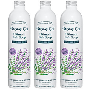 Grove Co. Ultimate Dish Soap Refills (3 x 16 Fl Oz) Removes 48-hr Stuck-on Food and Grease, Plastic Free Cleaning Products, 100% Natural Lavender Blossom & Thyme Fragrance