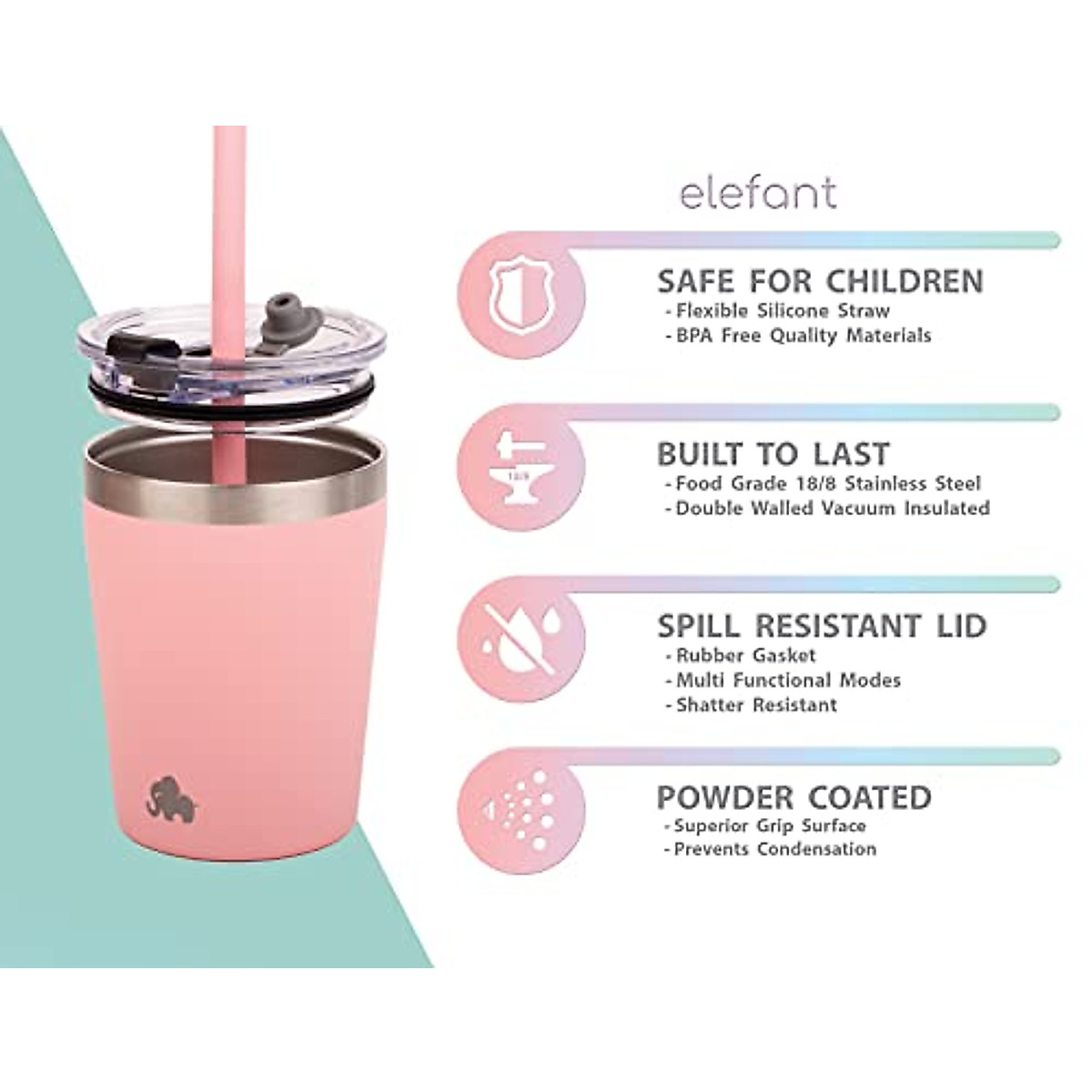 ELEFANT Kids & Toddler Cups (SET of 2), Stackable Stainless Steel Insulated Tumblers with BPA FREE Leak Proof Lids and Reusable Silicone Straws, Elegant, Powder Coated (PINK + PURPLE)