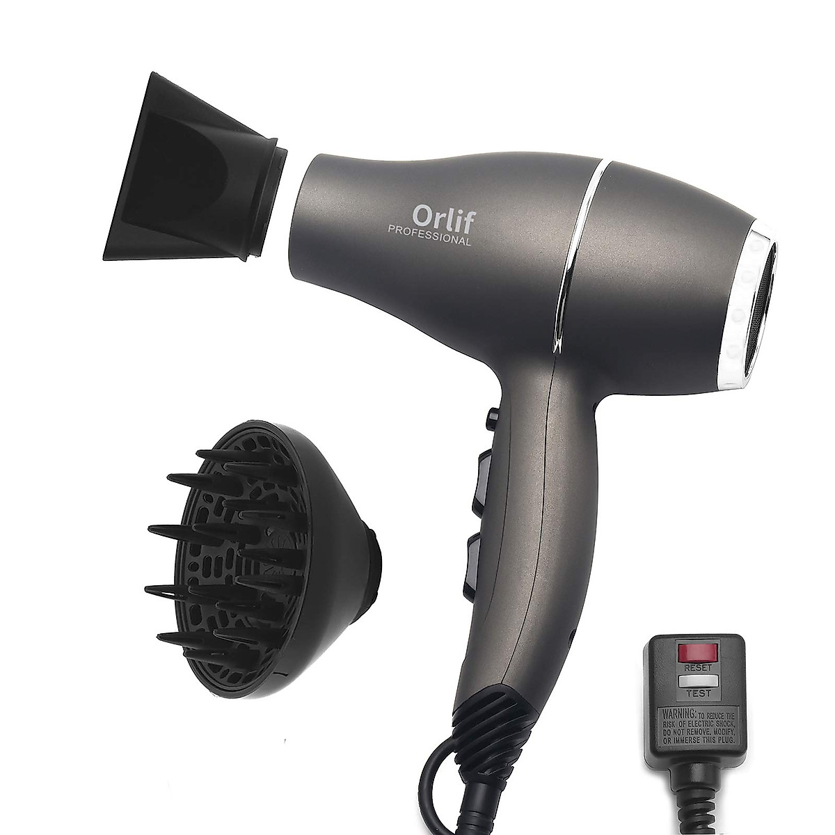 Orlif 1875W Hair Dryer，Ionic Fast Dry Noiseless Hair Blow Dryer with AC Motor，Professional Salon Hair Dryers with Diffuser，Concentrator，2 Speed and 3 Heat Settings，Cool Shot Button，Gray