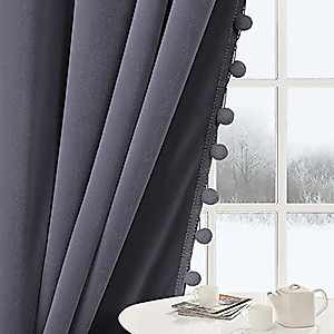 Haperlare Pom Pom Velvet Curtains 96 inches Long Heavy-Duty Room Darkening Velvet Drapes Thermal Insulated Home Decor Tasseled Window Treatment Set Panels for Living Room Bedroom, Grey, 2 Panels