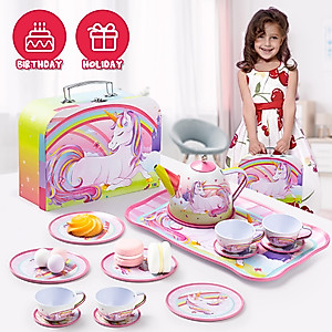 JOYIN Tea Party Set for Little Girls, Pretend Tin Teapot Set, Princess Tea Time Play Kitchen Toy with Cups, Plates and Carrying Case for Birthday Easter Gifts Kids Toddlers Age 3 4 5 6