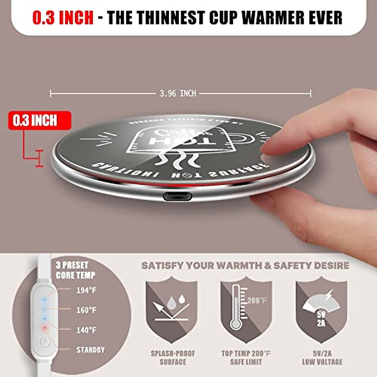 2 Pack Coffee Mug Warmer, Mug Warmer with 4 Hour Auto Shut Off, 3 Heat Setting Coffee Warmer for Desk, Cup Warmer Powered by USB Candle Warmer Portable Perfect for Travel, Work, Home (Grey)