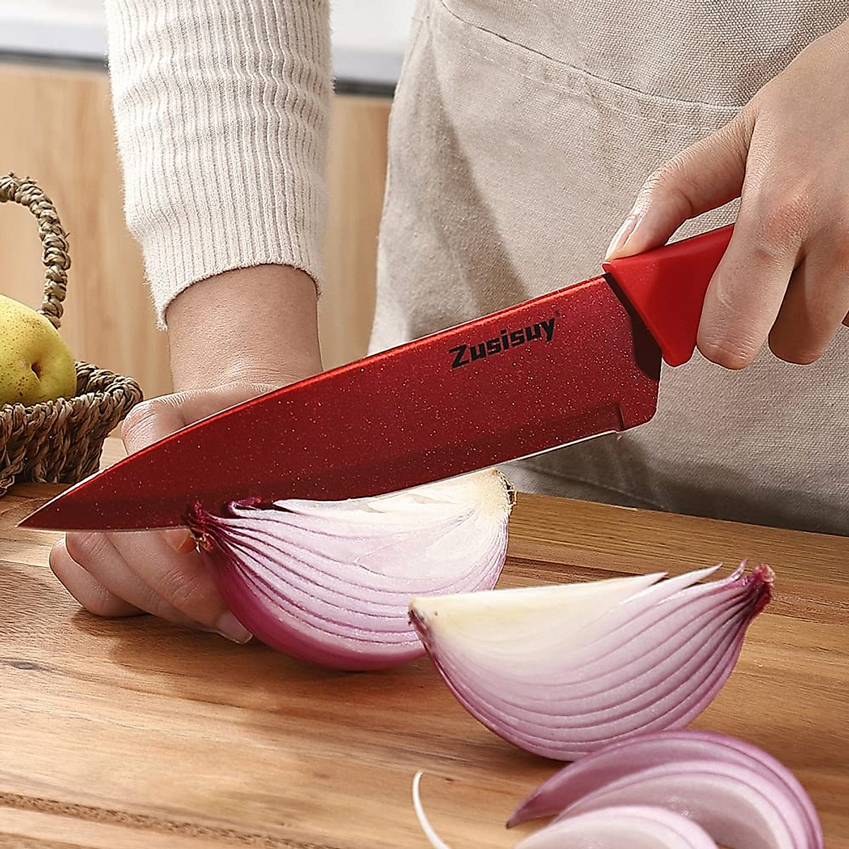 Zusisuy Red Professional Kitchen Knife Chef Set, Kitchen Knife Set Stainless Steel, Kitchen Knife Set Dishwasher Safe with Sheathes