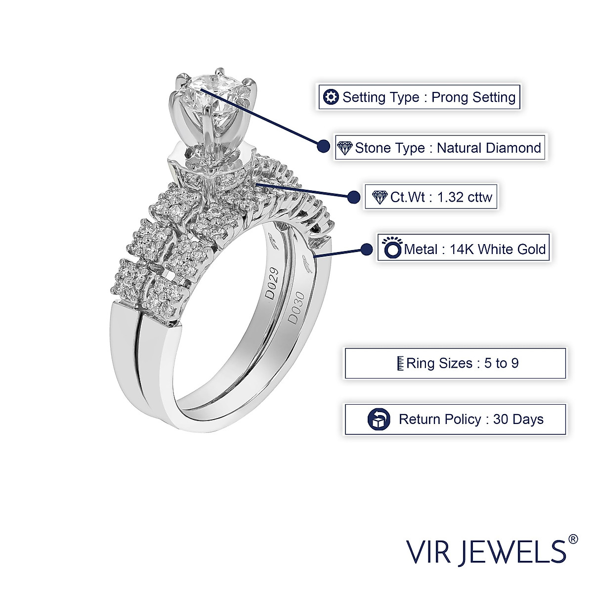 Vir Jewels 1.32 cttw SI3 Diamond Wedding Engagement Ring Bridal Set 14K White Gold Size 7