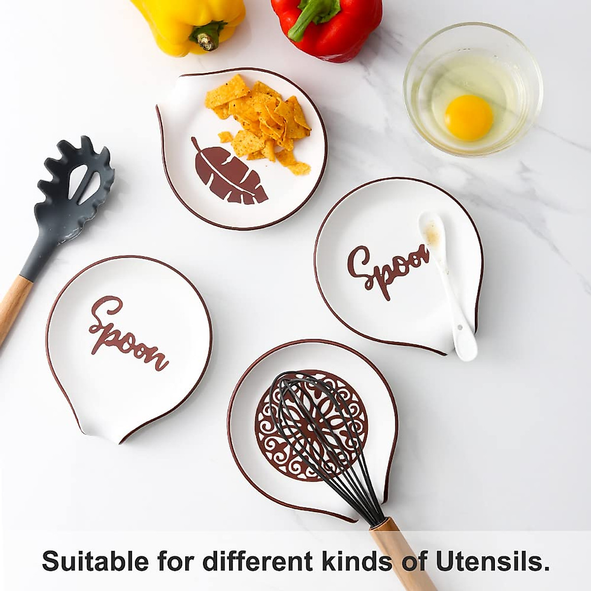 Misijuer Ceramic Stable Spoon Rest, Heat Resistant Spoon Holder for Kitchen Counter/Counter top/Stove Top, Dishwasher Safe, Modern White Farmhouse Kitchen Flower Décor