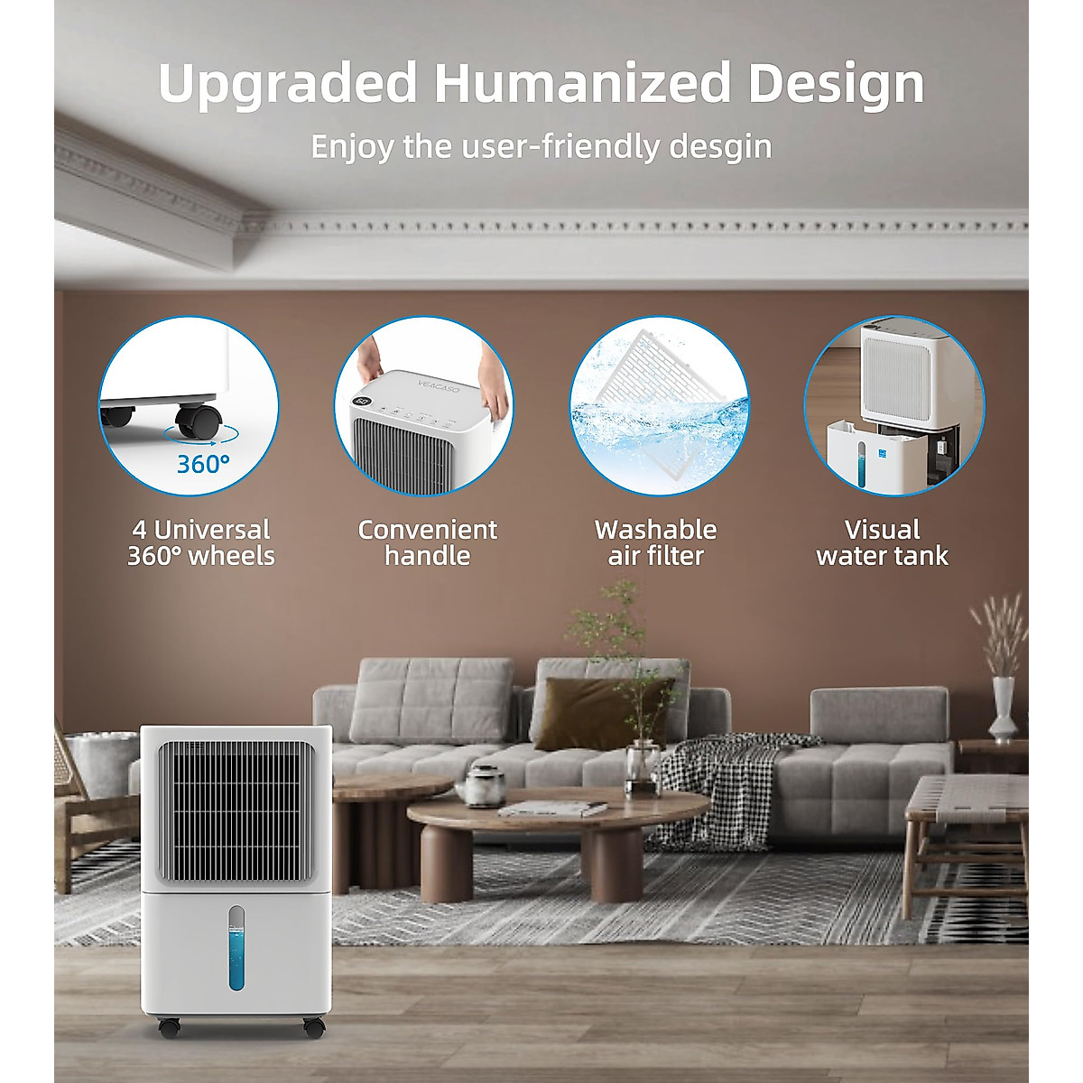 VEAGASO 2500 Sq. Ft Dehumidifier for Basement, 34 Pint Dehumidifiers For Home, Large Room, Auto Drain or Manual Drainage, Digital Control Panel, Auto Defrost, 24H Timer, Child Lock