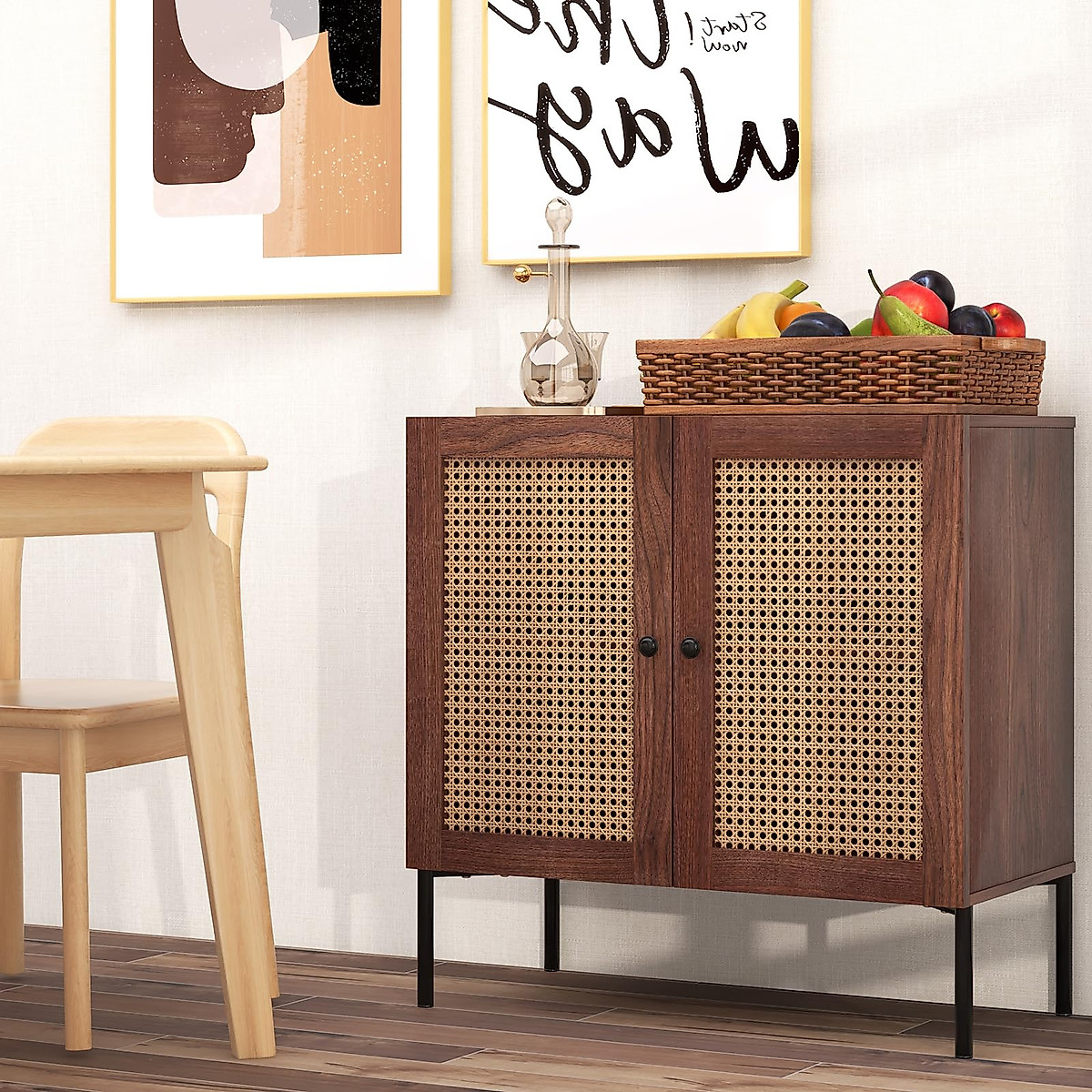 Giantex Buffet Cabinet, Wood Sideboard Storage Cabinet with Rattan Door, 3-Position Adjustable Shelf, Freestanding Coffee Bar Accent Furniture, Kitchen Cupboard Organizer for Living Room Hallway