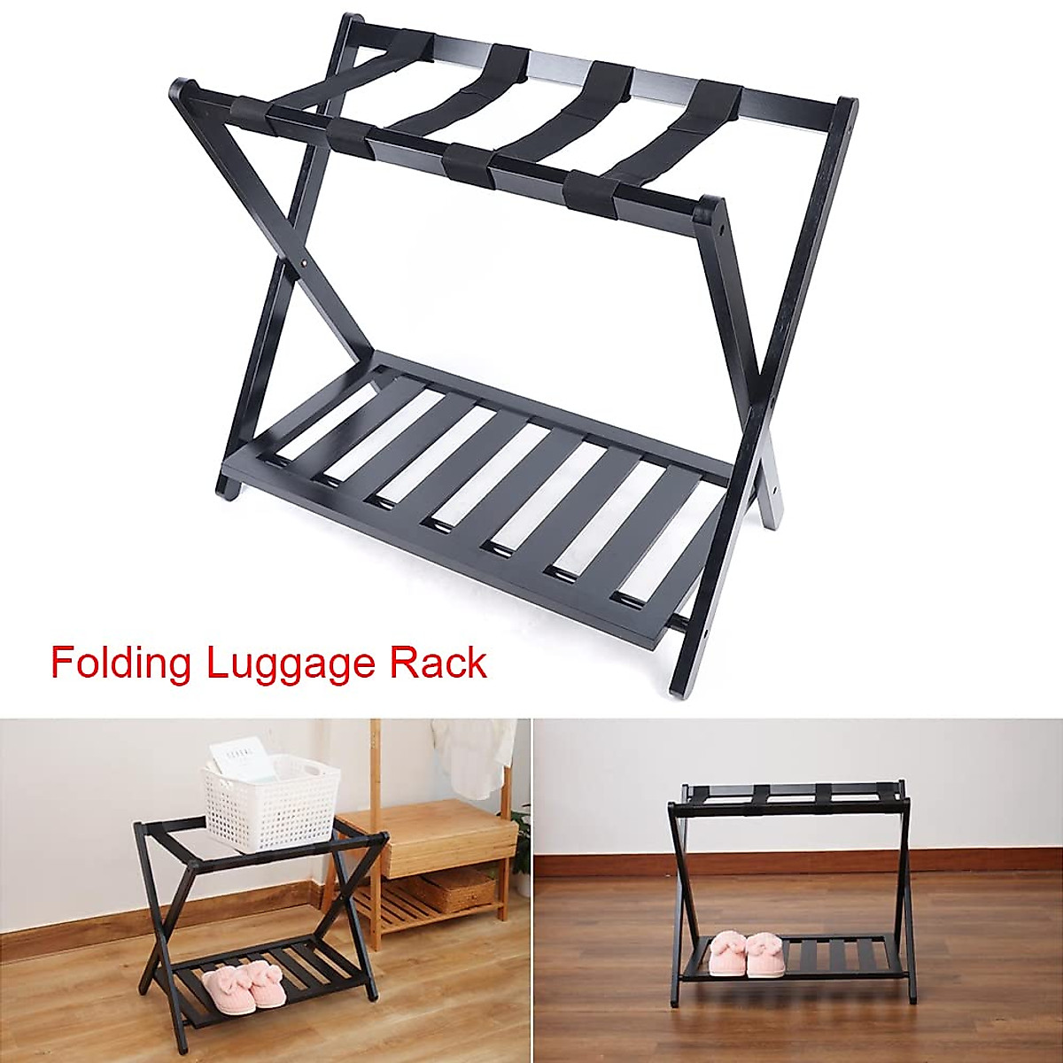 Luggage Rack with Shelf,New Luggage Baggage Rack Shoes Travel Suitcase Storage Shelf 68*40*58cm Foldable,Double Tiers Luggage Holder with Shoe Shelf,Luggage Stand for Bedroom,Guest Room,Hotel
