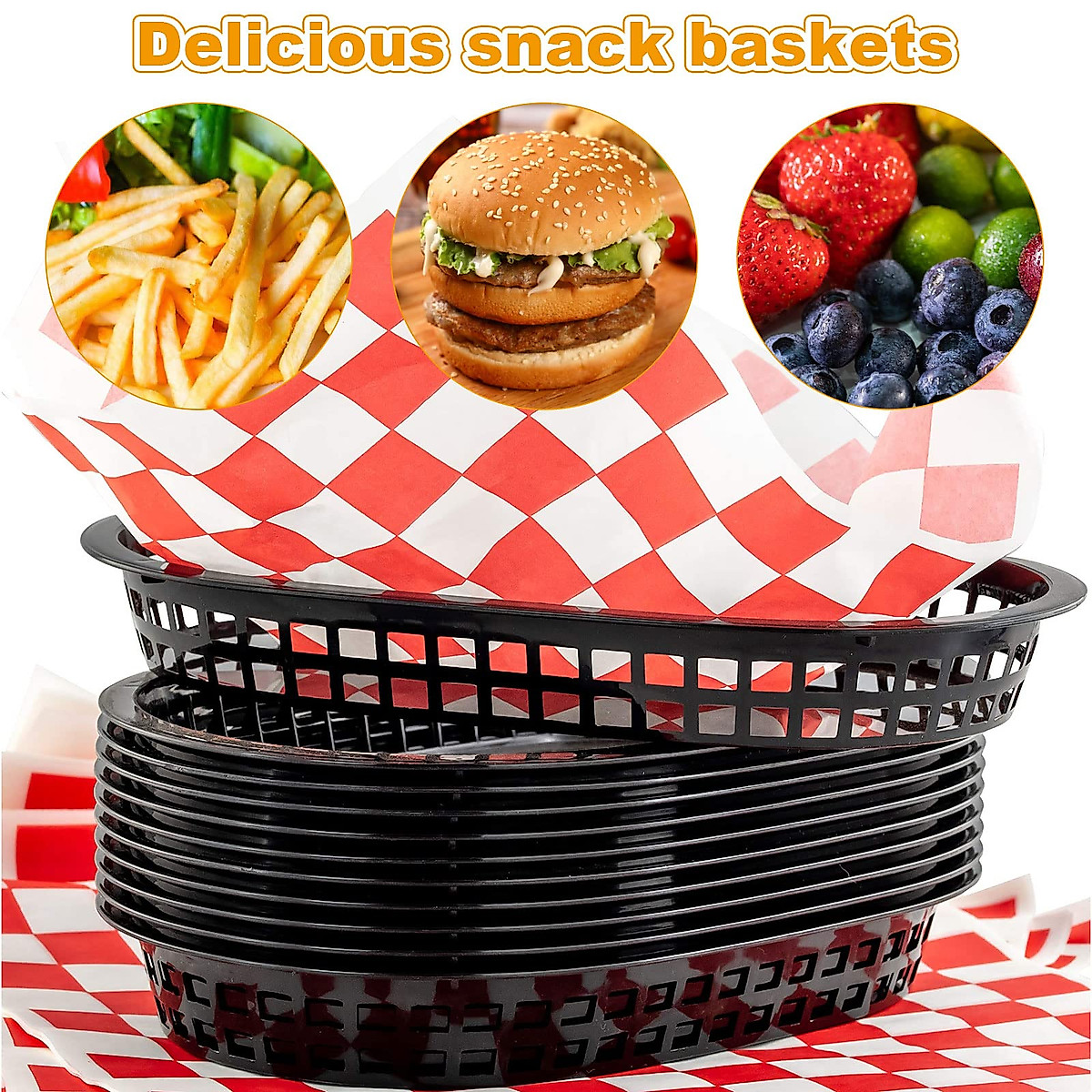 CertBuy 24 Pack Fast Food Baskets 10.5" x 7" Food Service Baskets Plastic Food Basket Plastic Oval Restaurant Basket for Fast Food Restaurant Burgers Sandwiches Fries (Black)