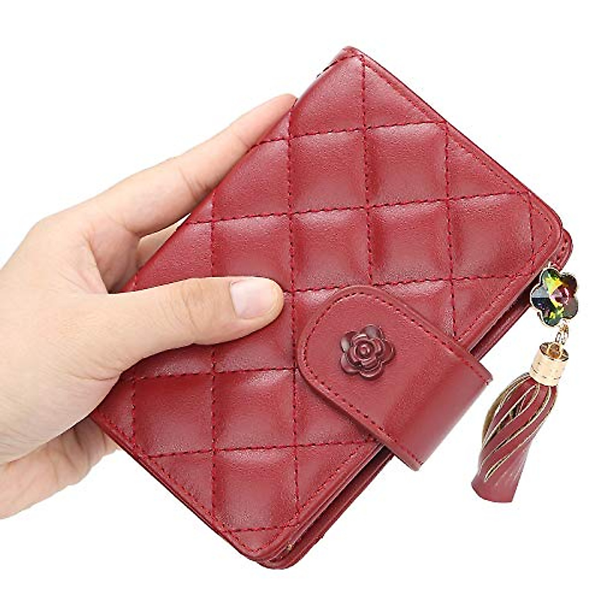 Women Bifold Leather Wallet Nlocking Ladies With Card Holder Window Coin Purse (Red)