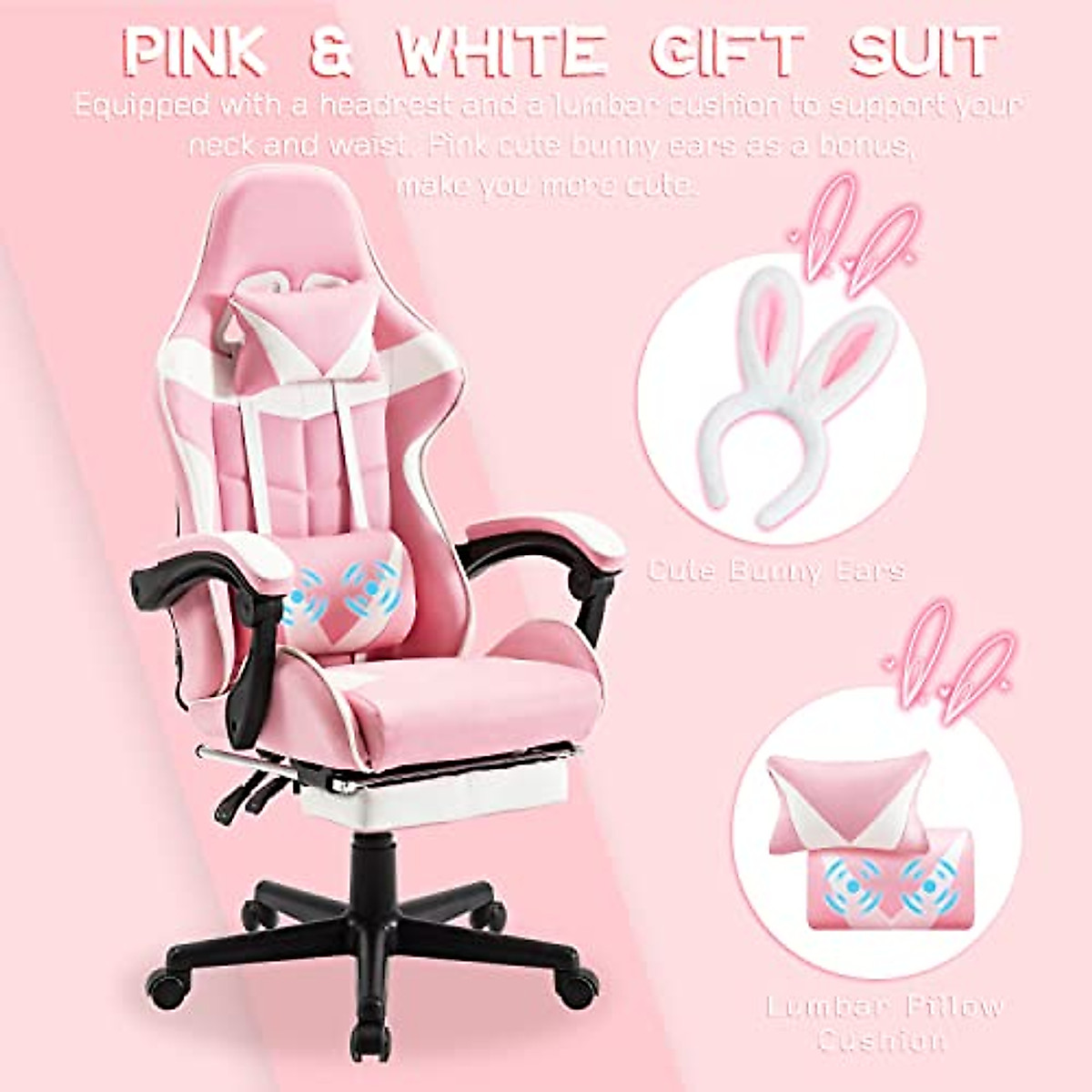 Soontrans Pink Gaming Chair with Footrest,Lovely Computer Game Chair,Desk Chair for Granddaughter,Sister,Girlfriend,Wife and Love with Headrest,Lumbar Support Gamer Chair (Pink)