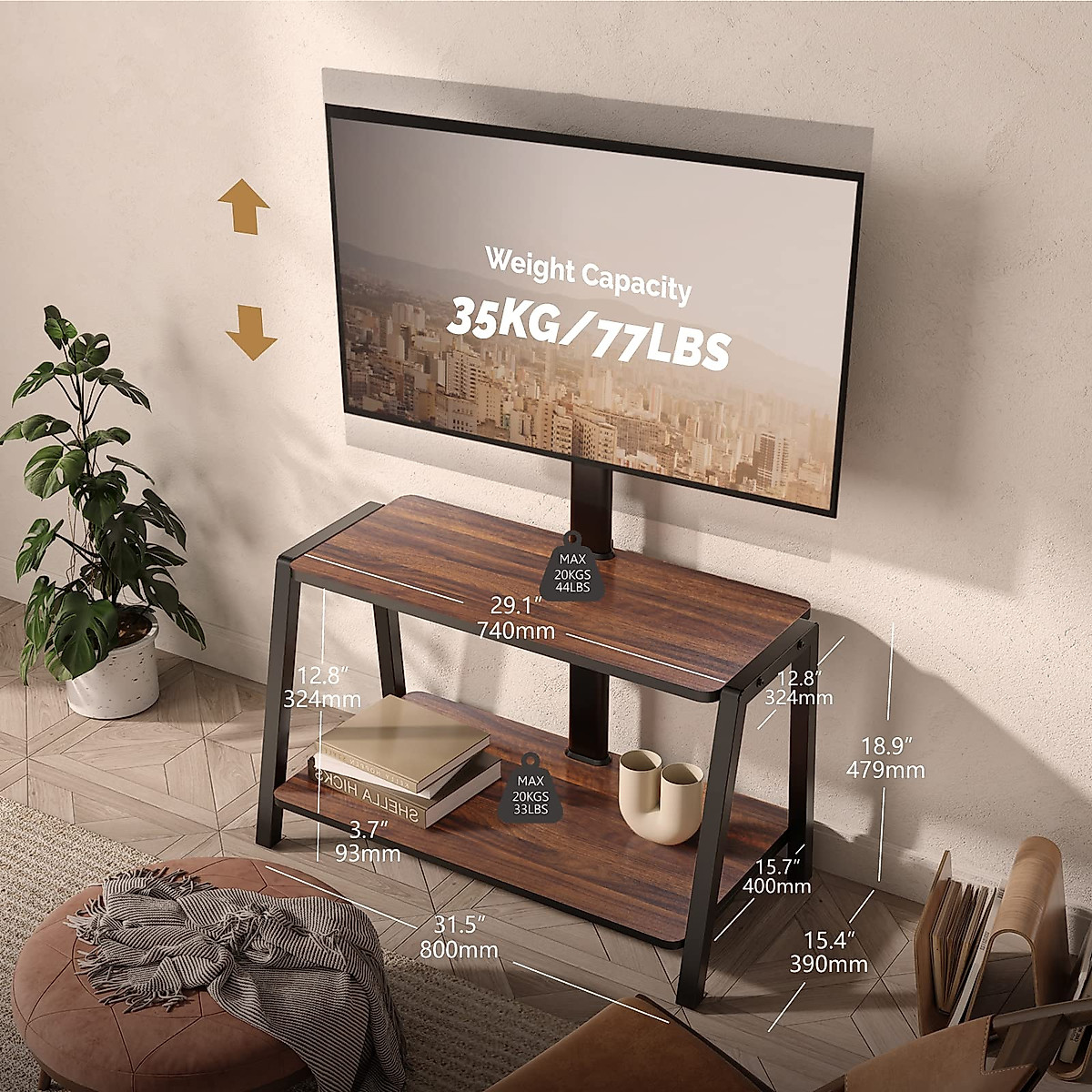 FITUEYES Wood TV Stand with Mount for 32-55 inch TVs, 2 Tier Entertainment Center with Storage for Bedroom & Corner, Tall Wooden TV Mount Stands & Metal Mount - Max Load 77lbs for Flat Screen