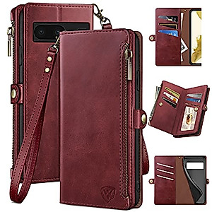 XcaseBar for Google Pixel 7 Wallet case with Zipper 【RFID Blocking】 Credit Card Holder, Flip Folio Book PU Leather Phone case Shockproof Cover Women Men for Pixel7 case Red
