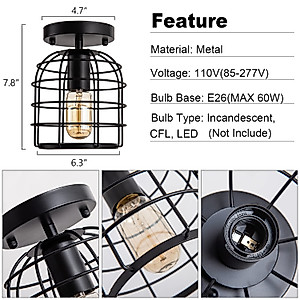 Industrial Black Semi Flush Mount Ceiling Light, Farmhouse Mini Cage Ceiling Lighting Fixture, Vintage Caged Ceiling Lamp for Entryway, Kitchen, Bedroom, Laundry Room, Hallway, Dining Room
