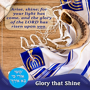 HolYudaica Tallit Prayer Shawl with Matching Bag, Certified Kosher, Kumi Ori 24"x72", Uniq Design on The Attara & Corners, Made in Israel, Soft Acrylic Tallit Prayer Shawl For Men & Women (Blue)
