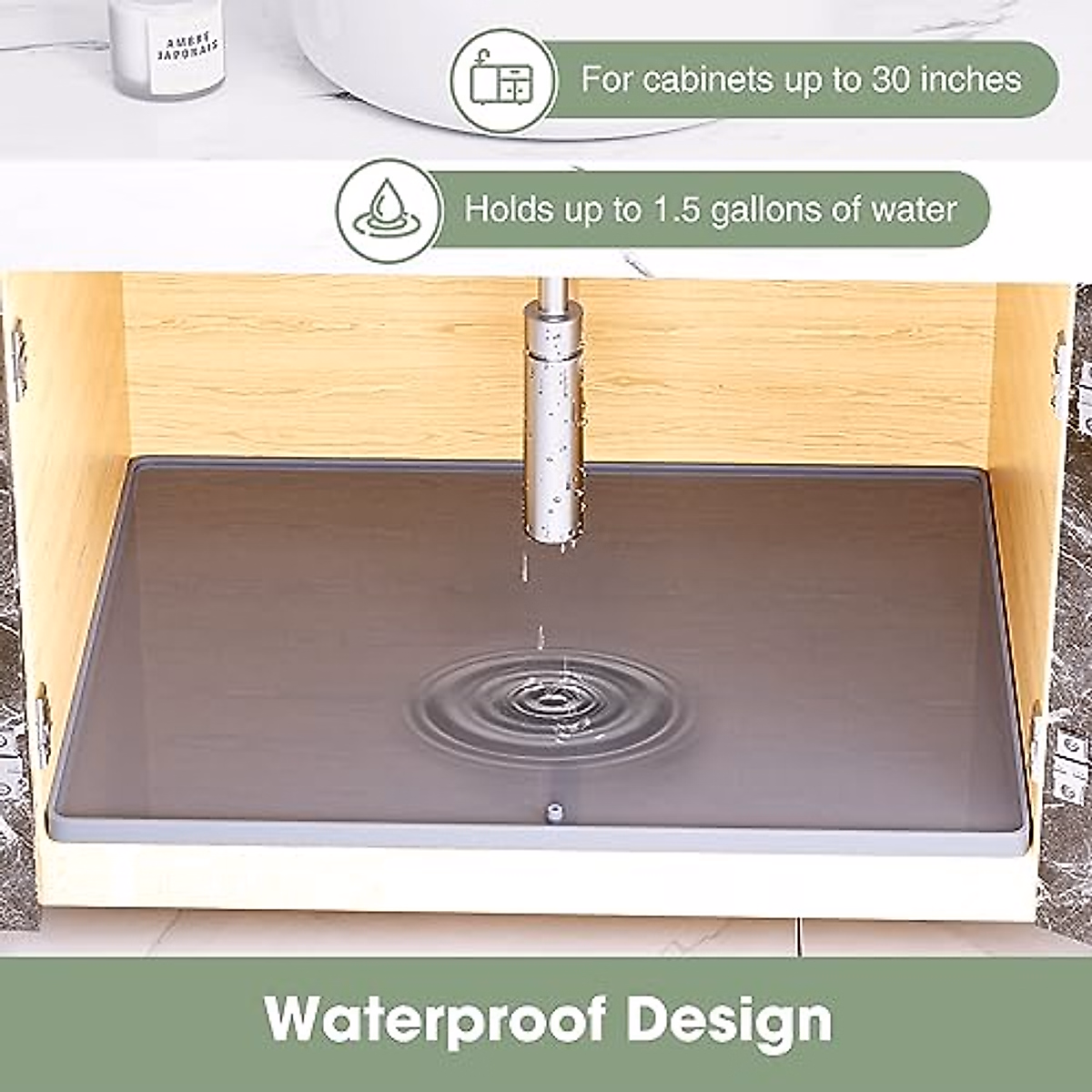 Puricon Under Sink Mat, 28” x 22” Under Sink Mats for Kitchen Waterproof, Silicone Under Sink Liner Under Cabinet Rubber Mat Protector, Flexible Under Sink Drip Tray for 30” Bathroom Cabinet -Gray