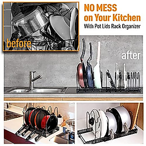 Mallnos Expandable Pot and Pan Organizers Rack, Kitchen Cabinet Pantry Bakeware & Cookware Organizer, Countertops and Cabinets with 10 Compartments