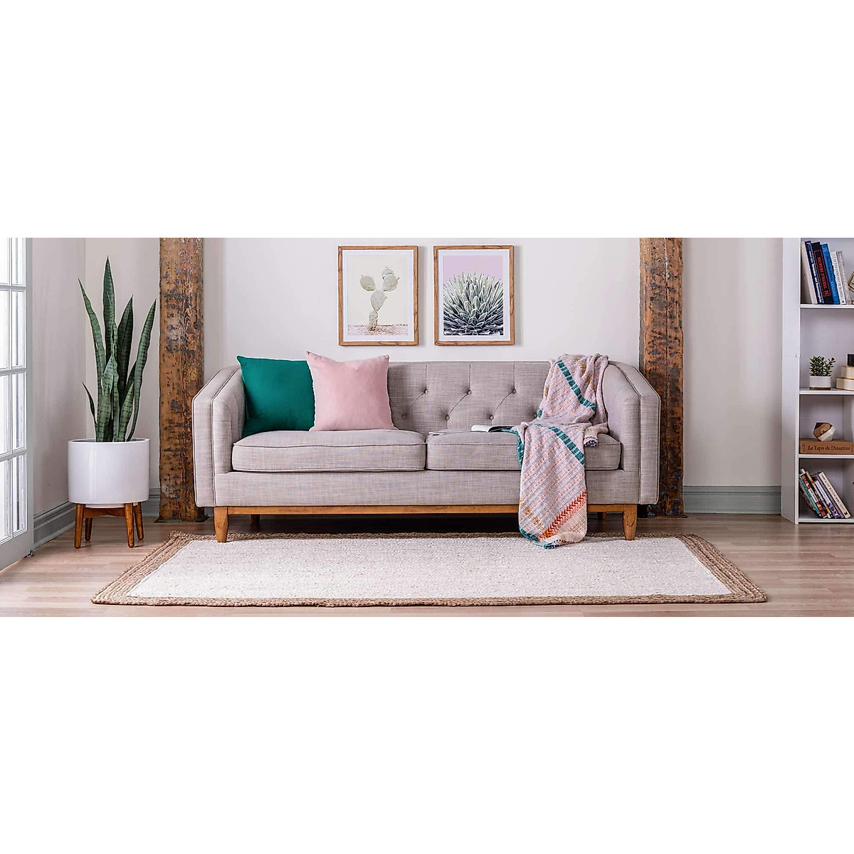 Unique Loom Braided Jute Collection Classic Quality Made Natural Hand Woven with Solid Color Detail, Area Rug, Rectangular 5' 0" x 8' 0", White/Beige