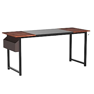 Decoholic 63 Inch Home Office Computer Two-Color Panel Desk with Storage Bag and Hook, Black, Sandalwood Color, Industrial Modern Laptop Desk