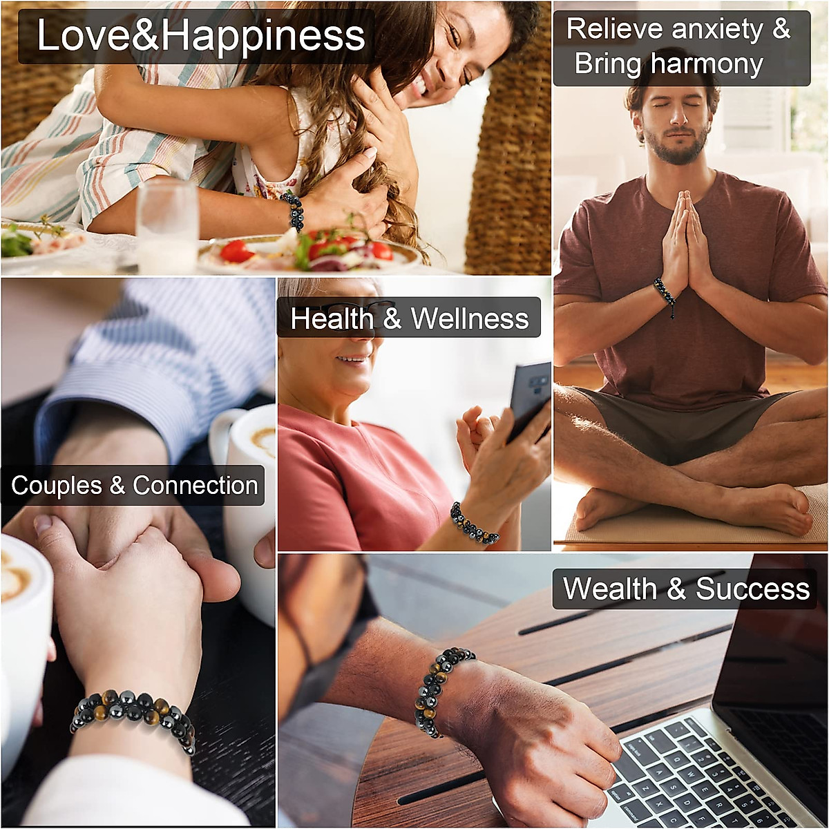 Men Tiger Eye Beaded Necklace Bracelet Triple Protection Jewelry Sets Hematite Black Obsidian Healing Crystal Stone Chakra Necklace