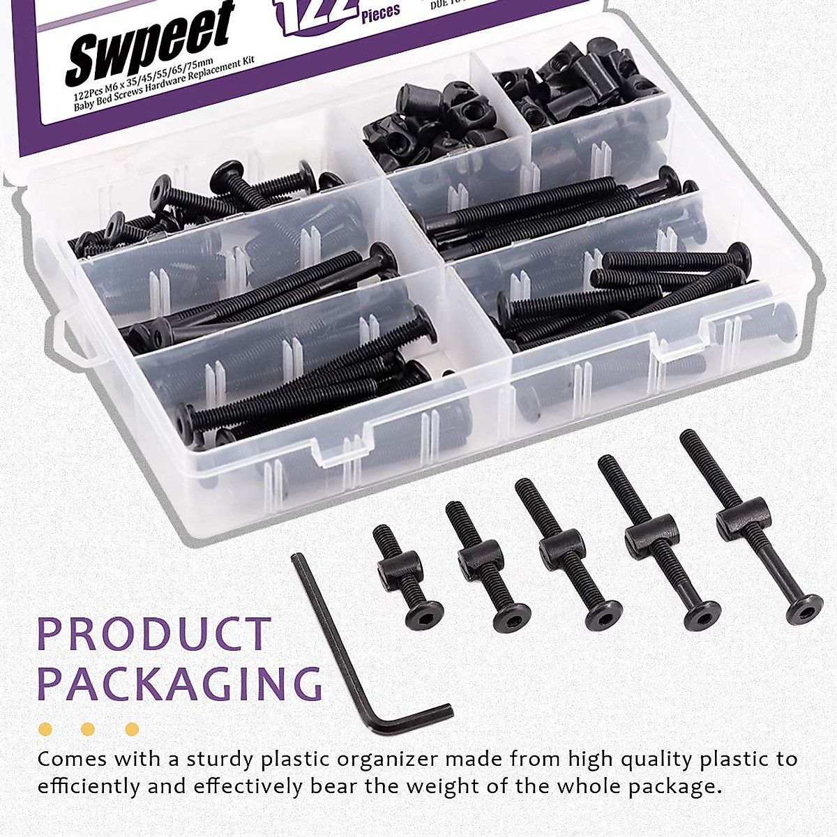 Swpeet 120Pcs Crib Hardware Screws, Black M6 × 35/45/55/65/75mm Hex Socket Head Cap Crib Baby Bed Bolt and Barrel Nuts with 1 x Allen Wrench Perfect for Furniture, Cots, Crib Screws