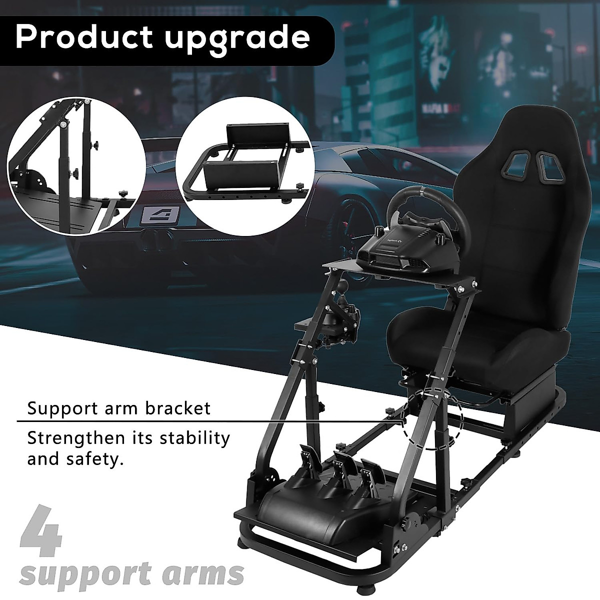 Minneer Immersion Racing Simulator Cockpit/with Black Seat/Fit for Thrustmaster,FANTEC,logitech G25,G29,G92,G923 /Height Adjustable Gaming Steering Wheel Stand/Wheel&Pedals Not Included