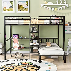 YOPTO Full Over Twin Metal Bunk Bed with Built-in Desk, Four Built-in Storage Shelves and Ladder, No Box Spring Required,Maximized Space,Bedroom Furniture for Children,Teens,Adults,Black