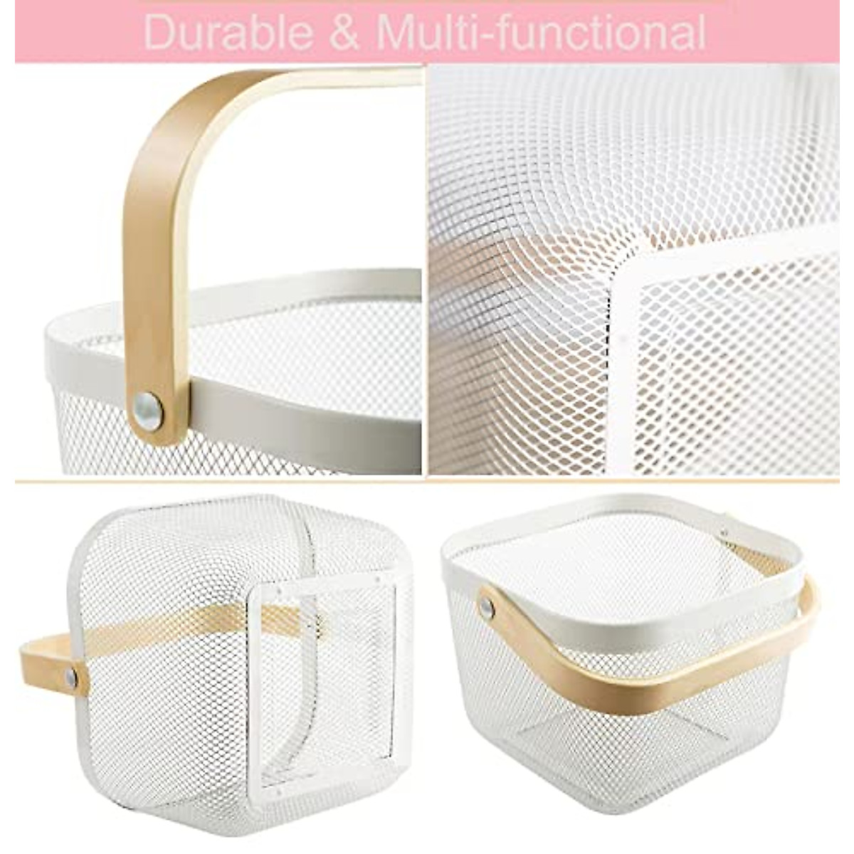 AJIODA 2 Pack Metal Mesh Steel Basket, Storage Organizer Basket Multi-function Hanging Kitchen Baskets Fruit Basket Bin with Wood Handle for Kitchen Bathroom Picnic Cabinet Home Decor, White